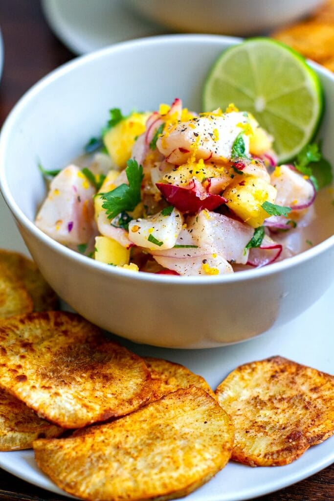 Fish Ceviche With Pineapple & Yam Chips - Irena Macri