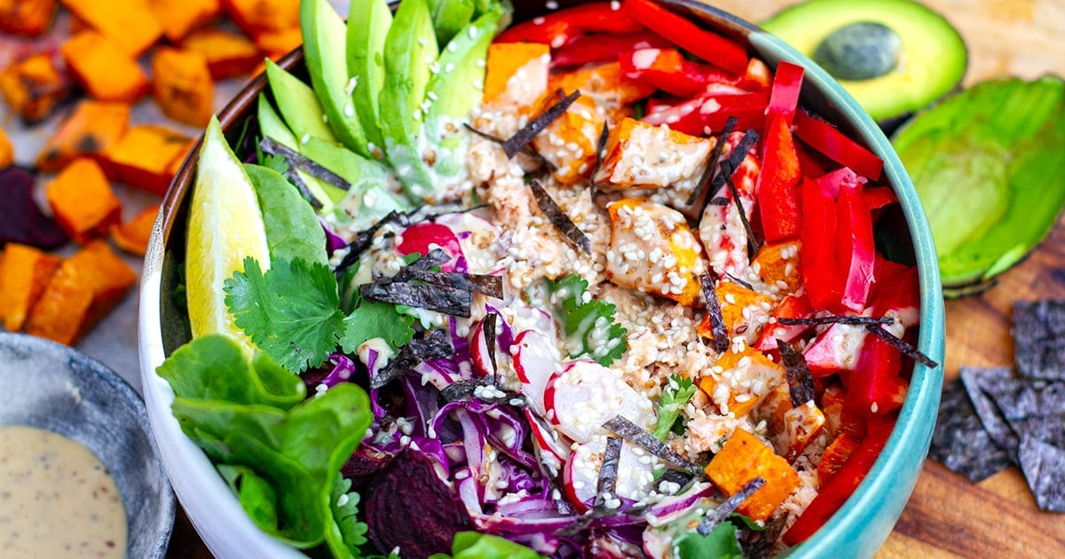 Rainbow Salad Bowl With Salmon & Sesame Dressing