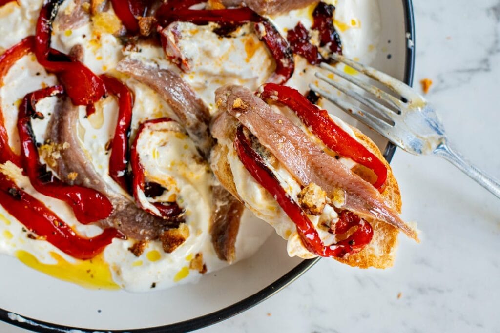 Stracciatella With Anchovies & Balsamic Peppers